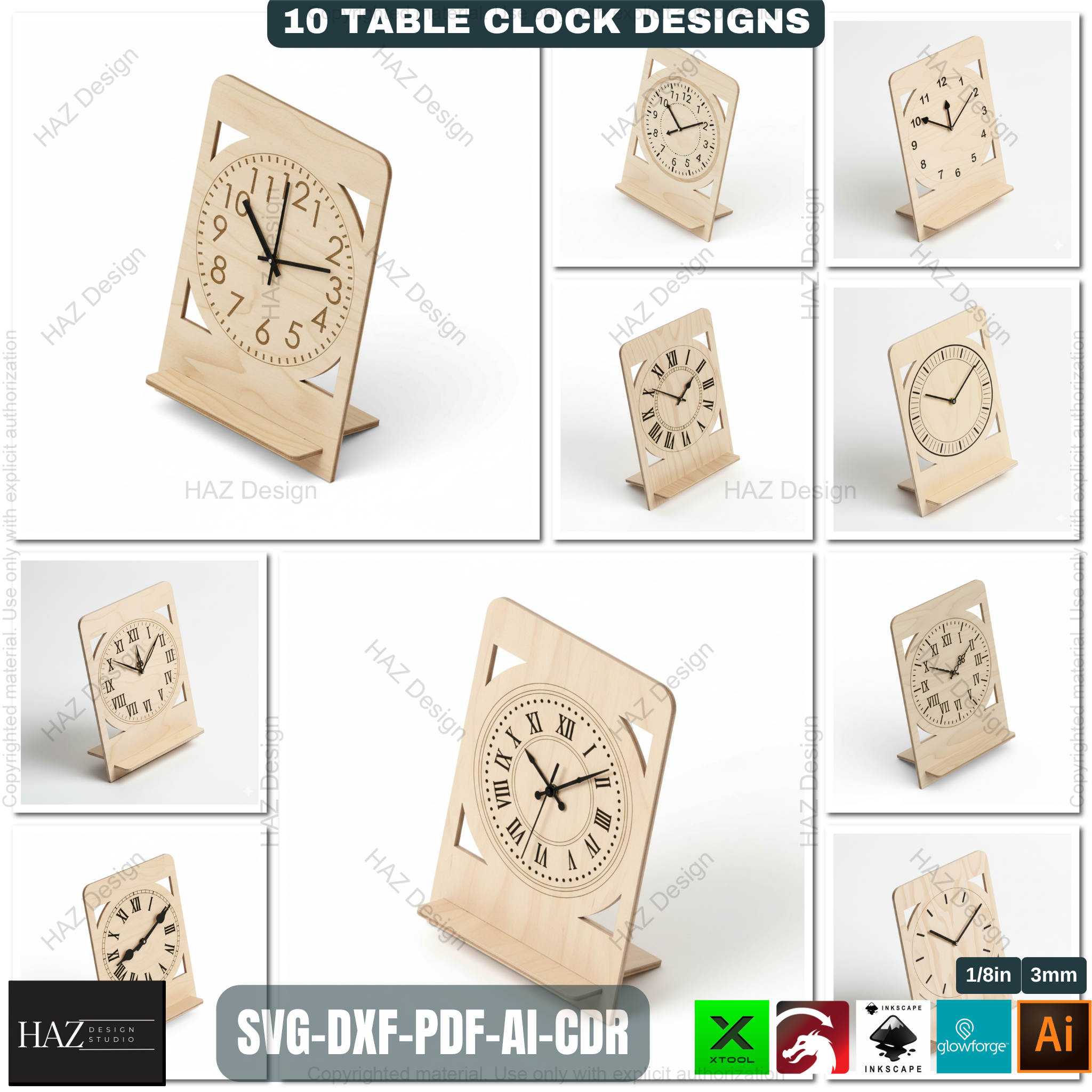 Modern Wooden Table Clocks Templates for Laser Cutting | 10 Unique Des ...