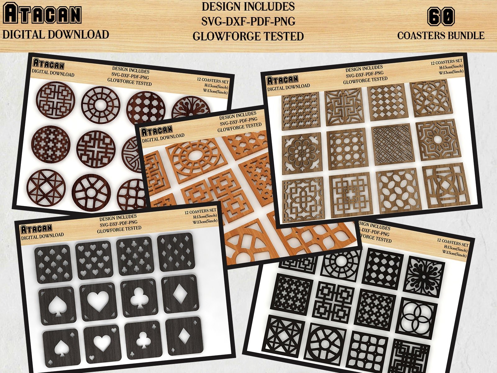 60 Coaster Svg Bundle, Round Square costers pattern laser cutting file ...