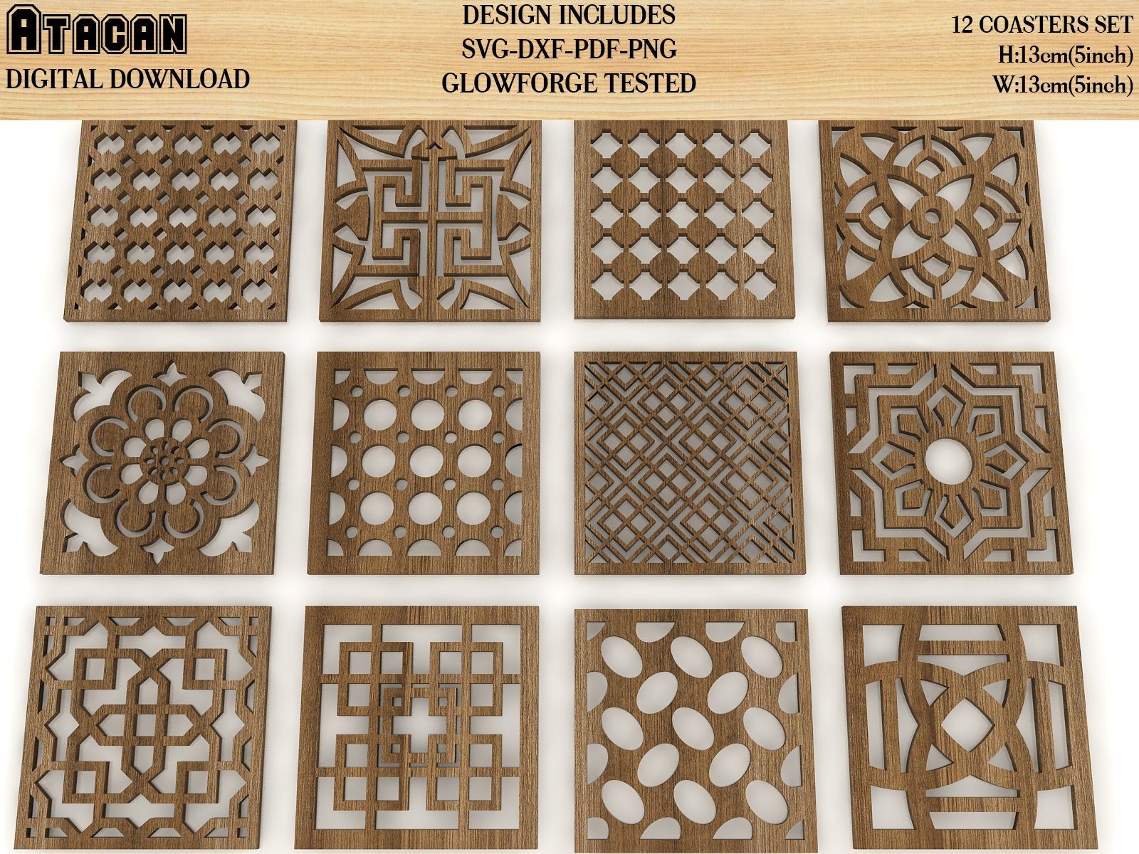 60 Coaster Svg Bundle, Round Square costers pattern laser cutting file ...