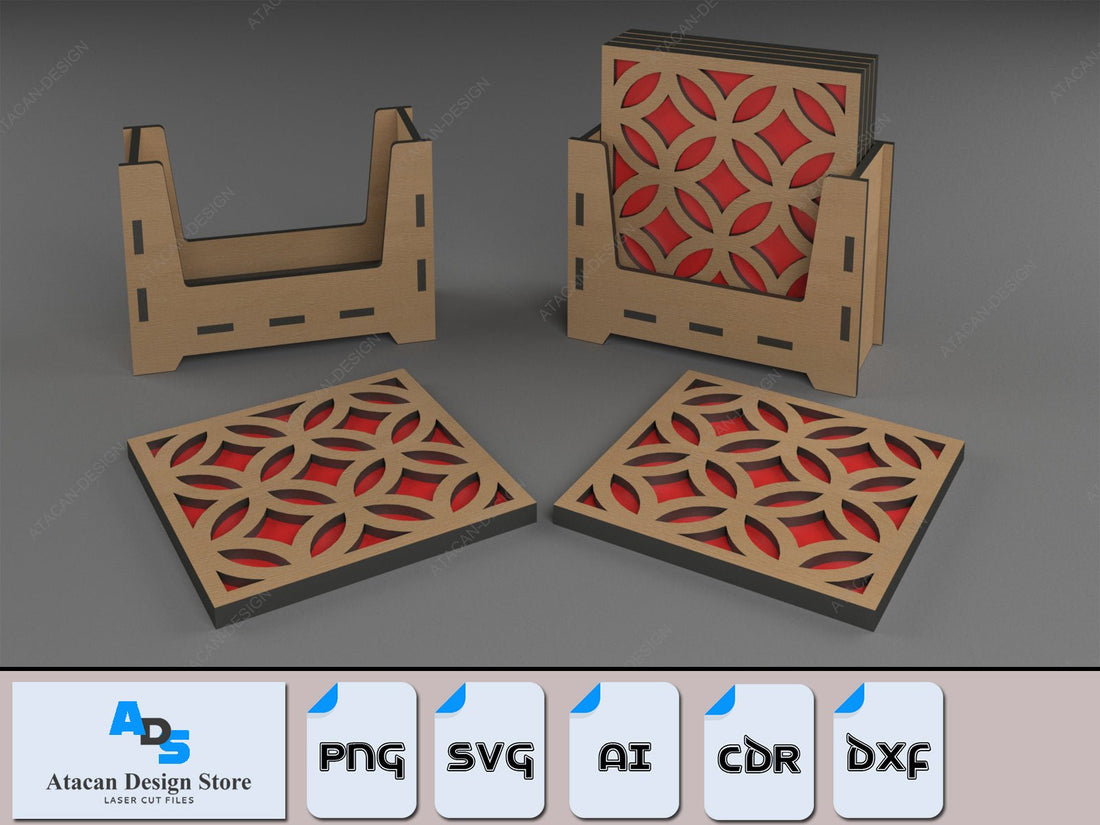 Laser Cut Coaster and Stand / Drink Coasters Holder / Box and Patterns ...
