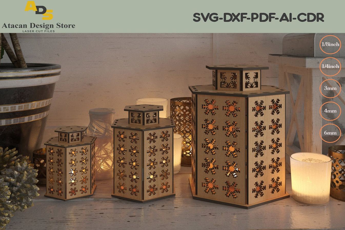 Wood Laser Cut Christmas Lamps / Noel Tealights Box shaped / Xmas Snow ...