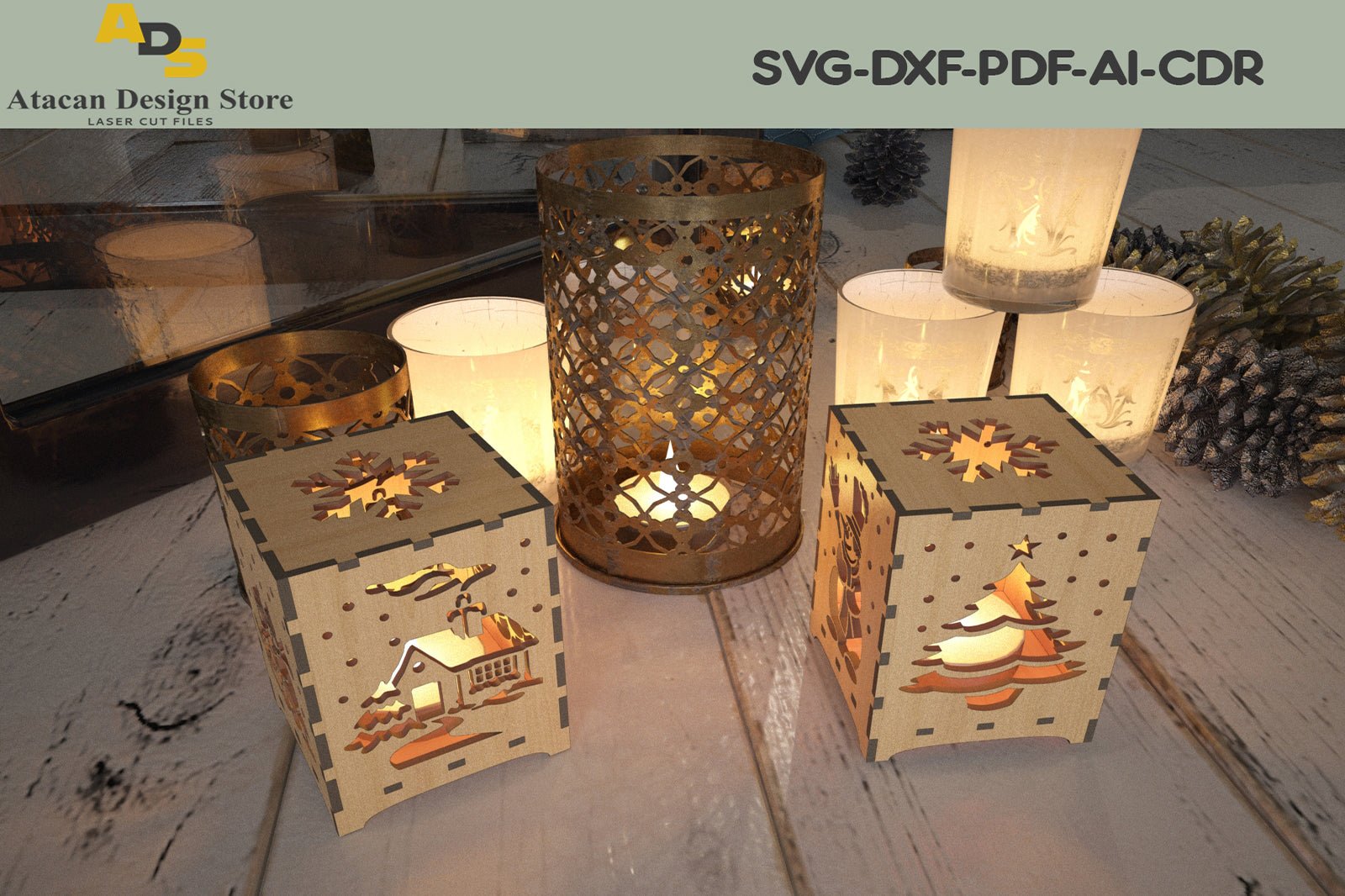 Wood Laser Cut Christmas Lamps / Noel Tealights Box shaped / Xmas Snow ...