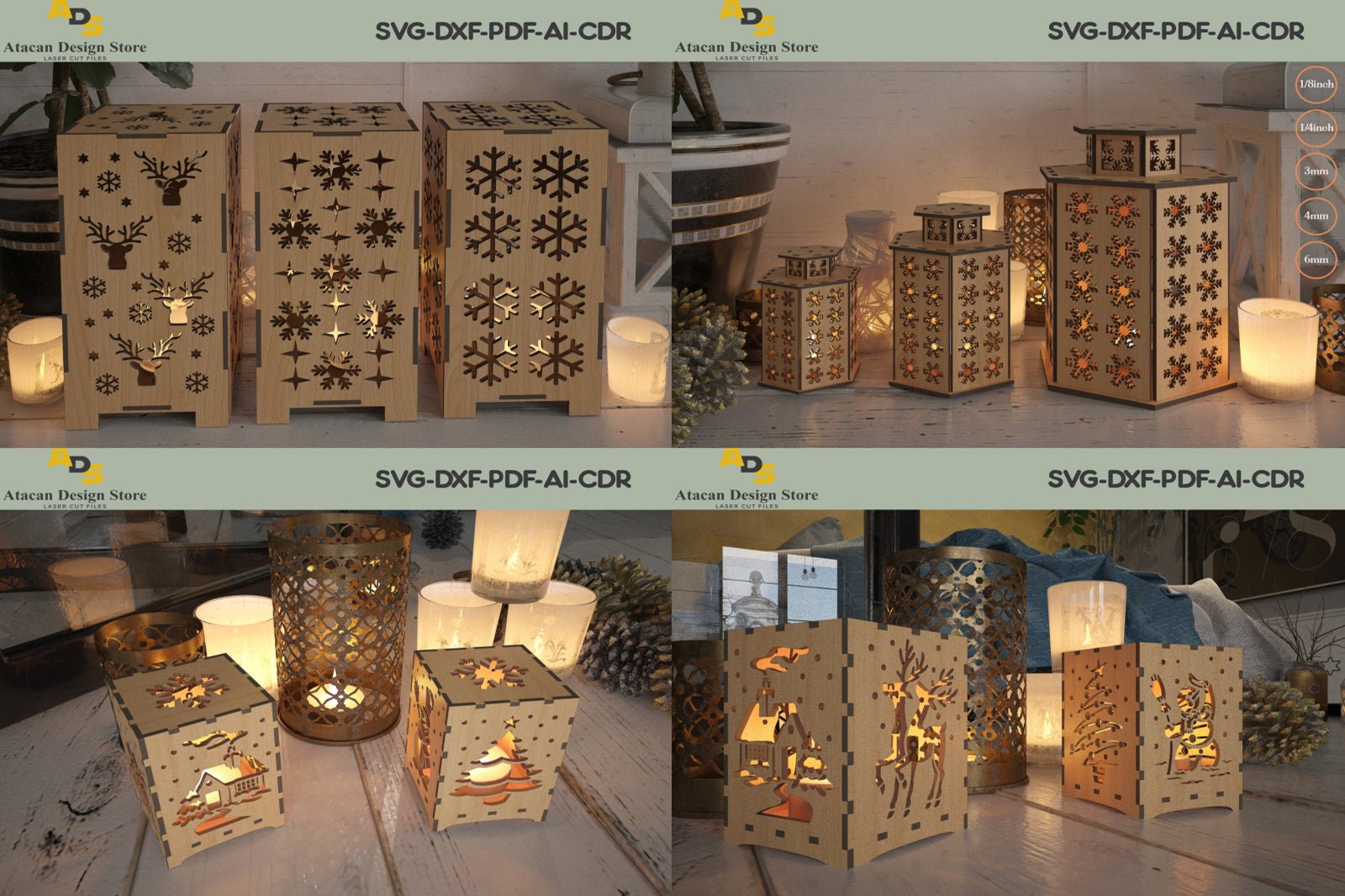 Wood Laser Cut Christmas Lamps / Noel Tealights Box shaped / Xmas Snow ...